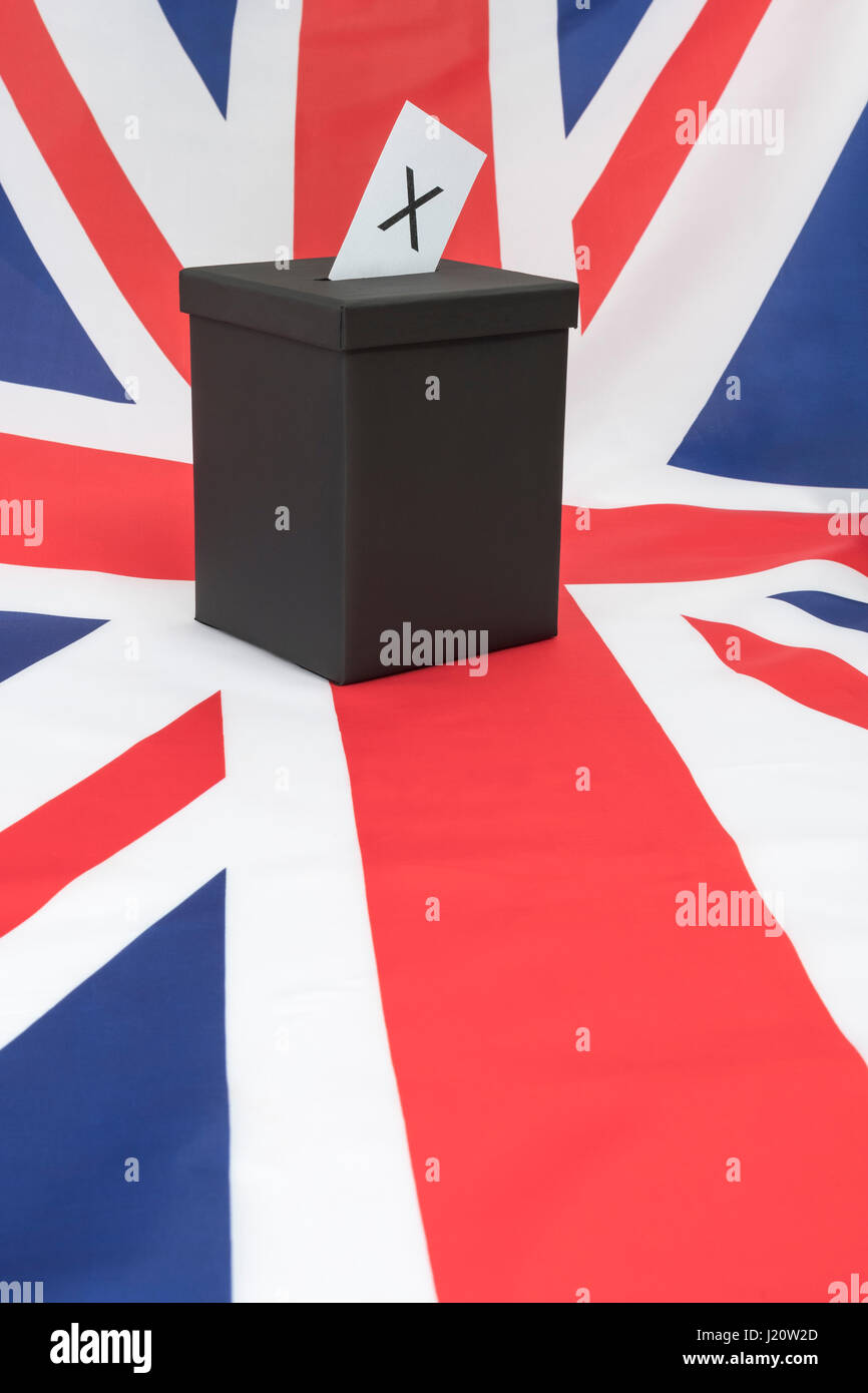 Replica black ballot box set against UK flag / Union Jack as metaphor ...