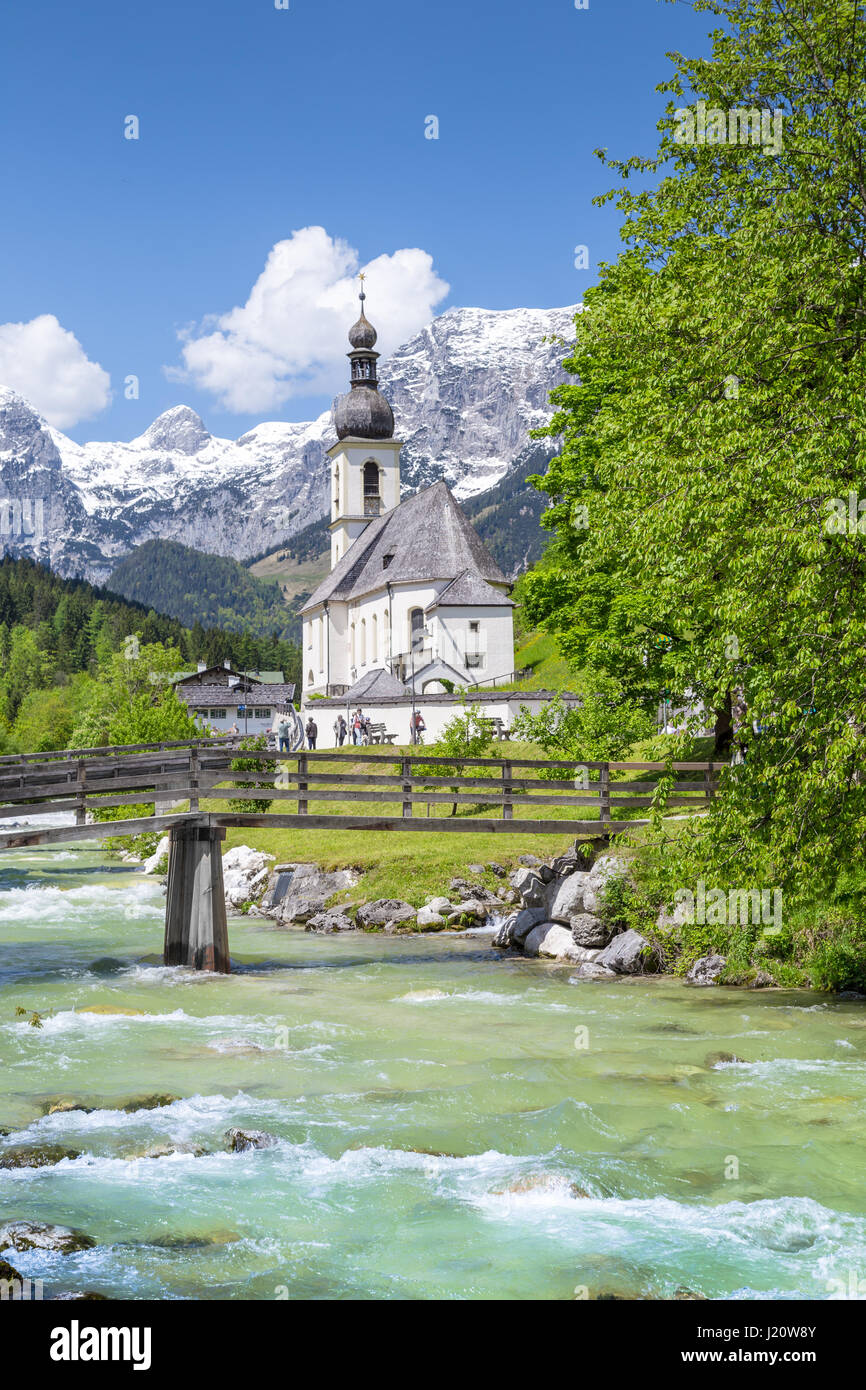 Scenic mountain landscape in the Bavarian Alps with famous Parish ...
