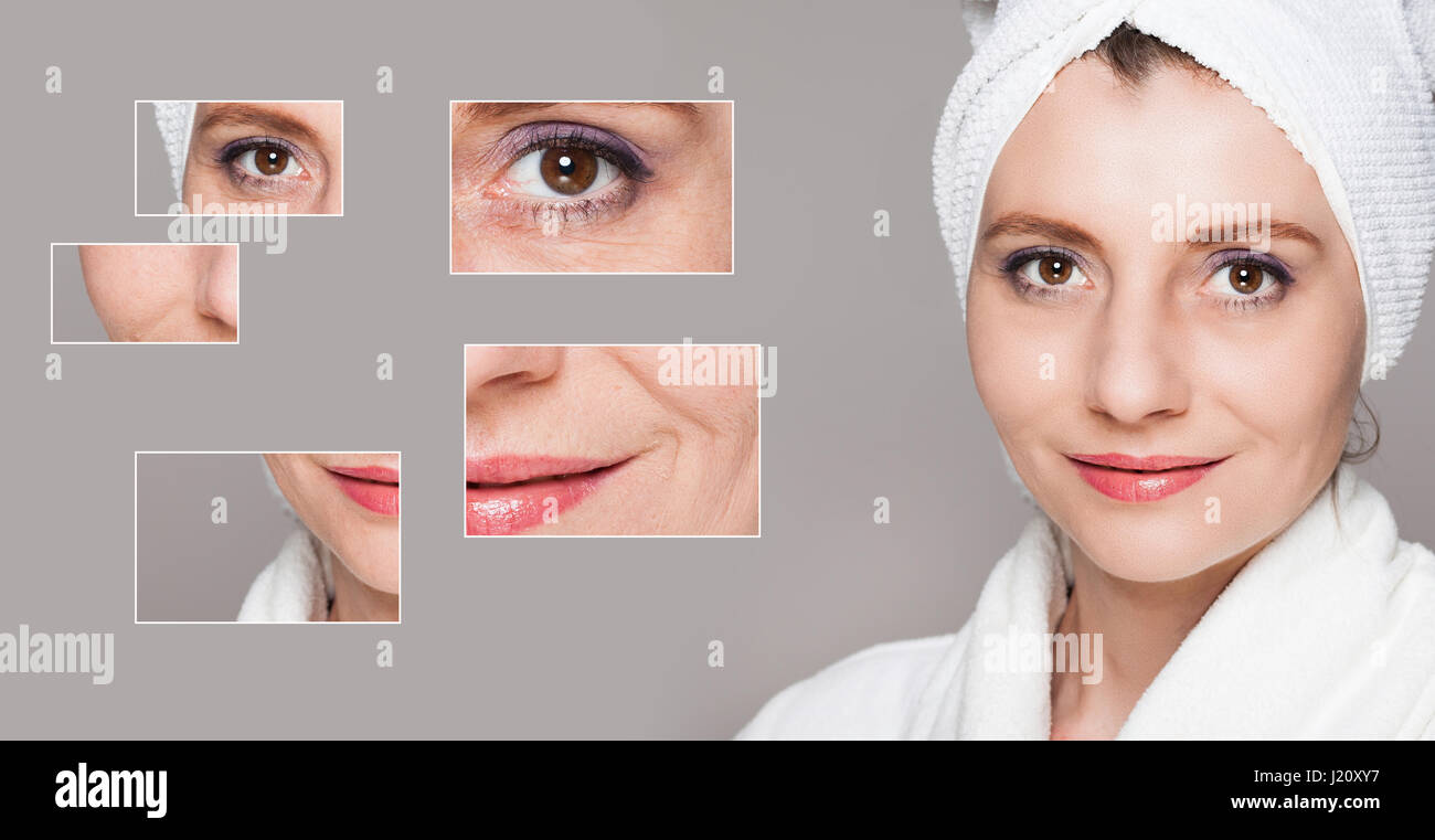 happy woman after beauty treatment - before/after shots - skin care ...