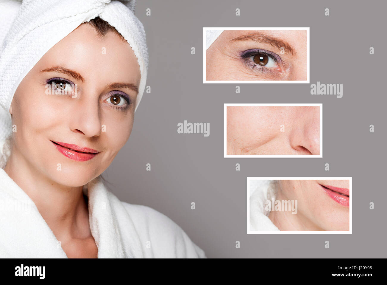 happy woman after beauty treatment - before/after shots - skin care ...