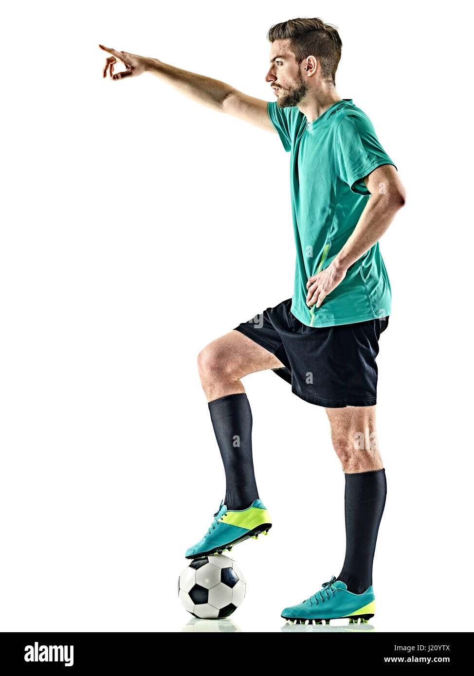 one caucasian soccer player man standing with football isolated on ...