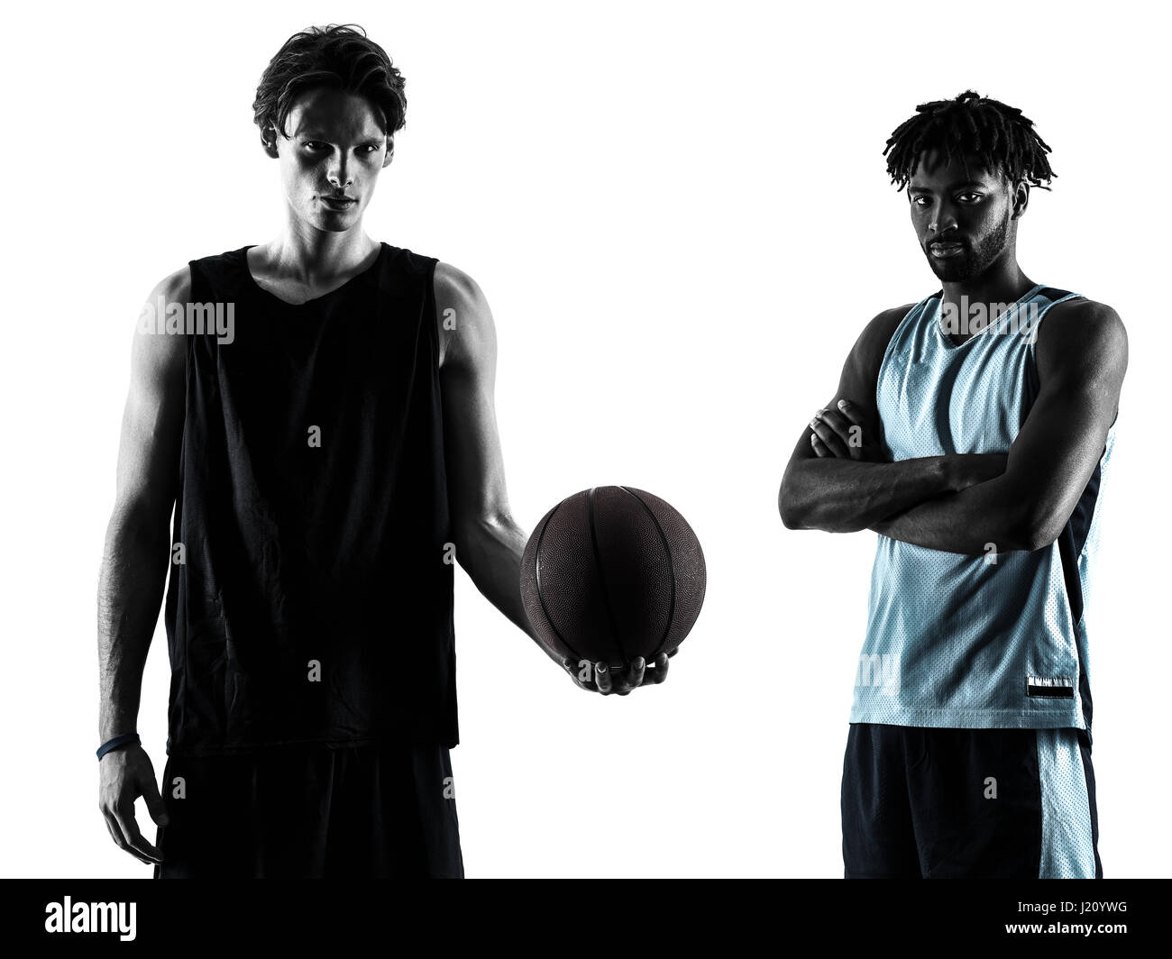 two basketball players men isolated in silhouette shadow on white ...
