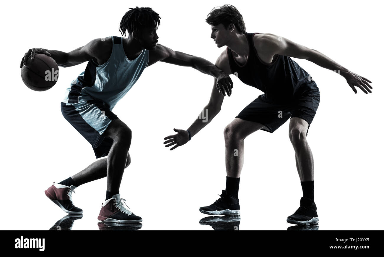two basketball players men isolated in silhouette shadow on white ...