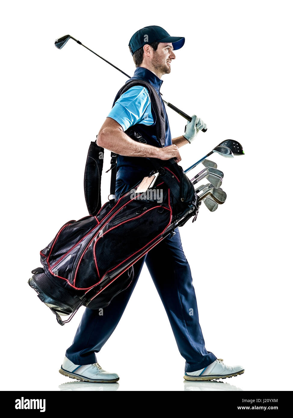 one caucasian man golfer golfing in studio isolated on white background ...