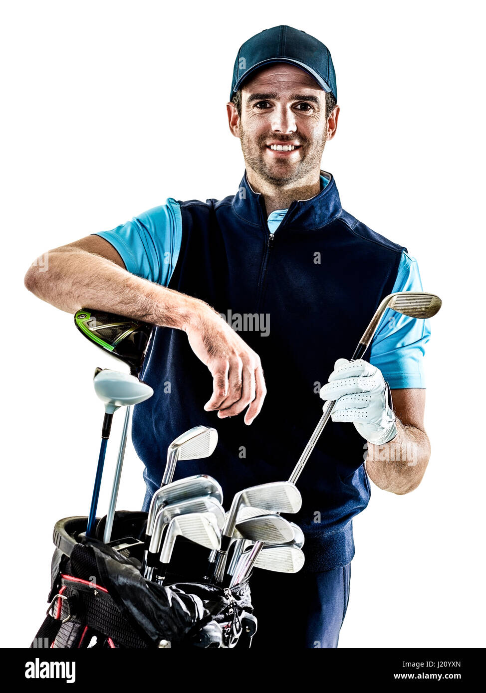 one caucasian man golfer golfing in studio isolated on white background ...