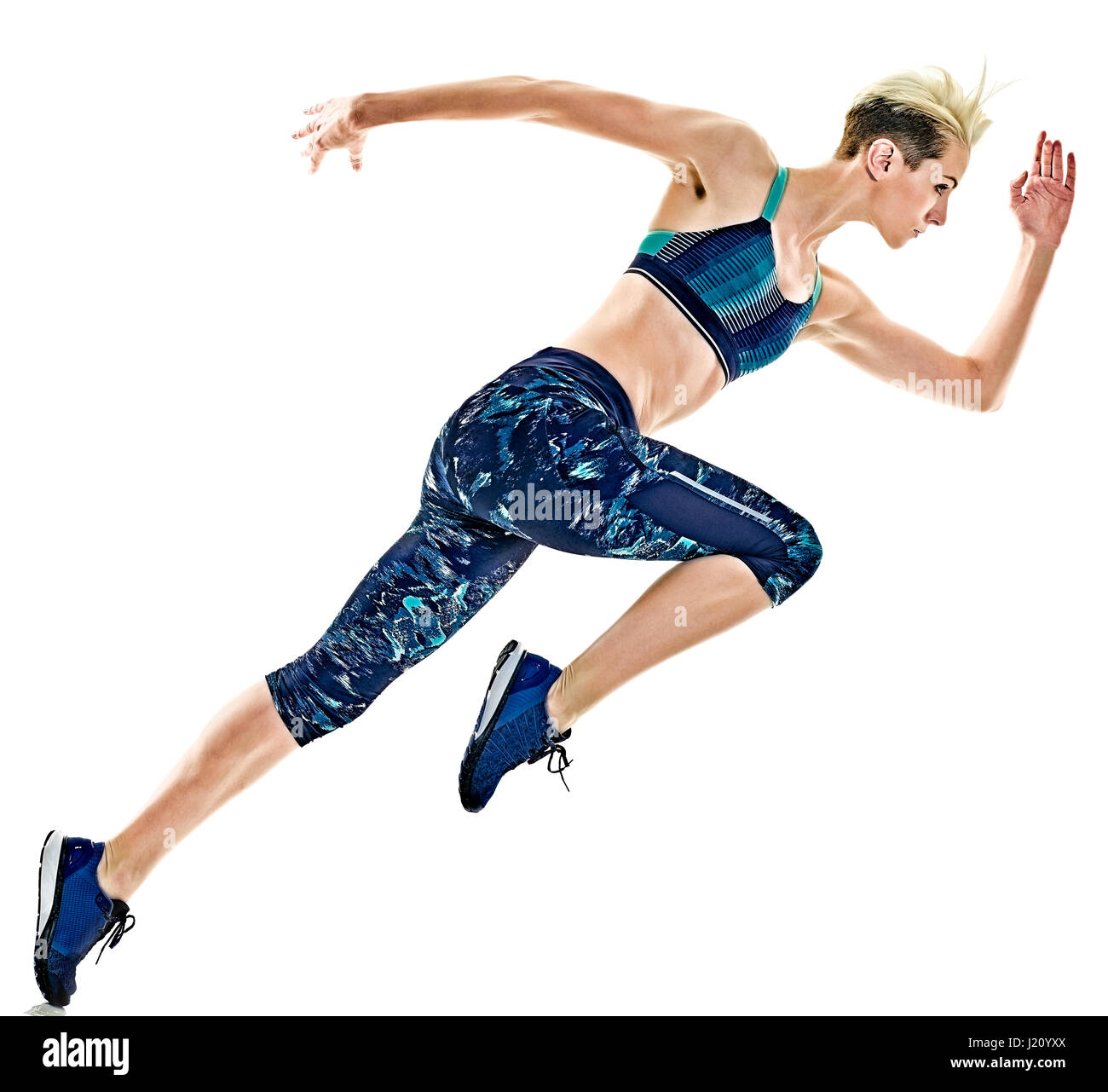 one young caucasian woman runner running jogger jogging studio isolated ...