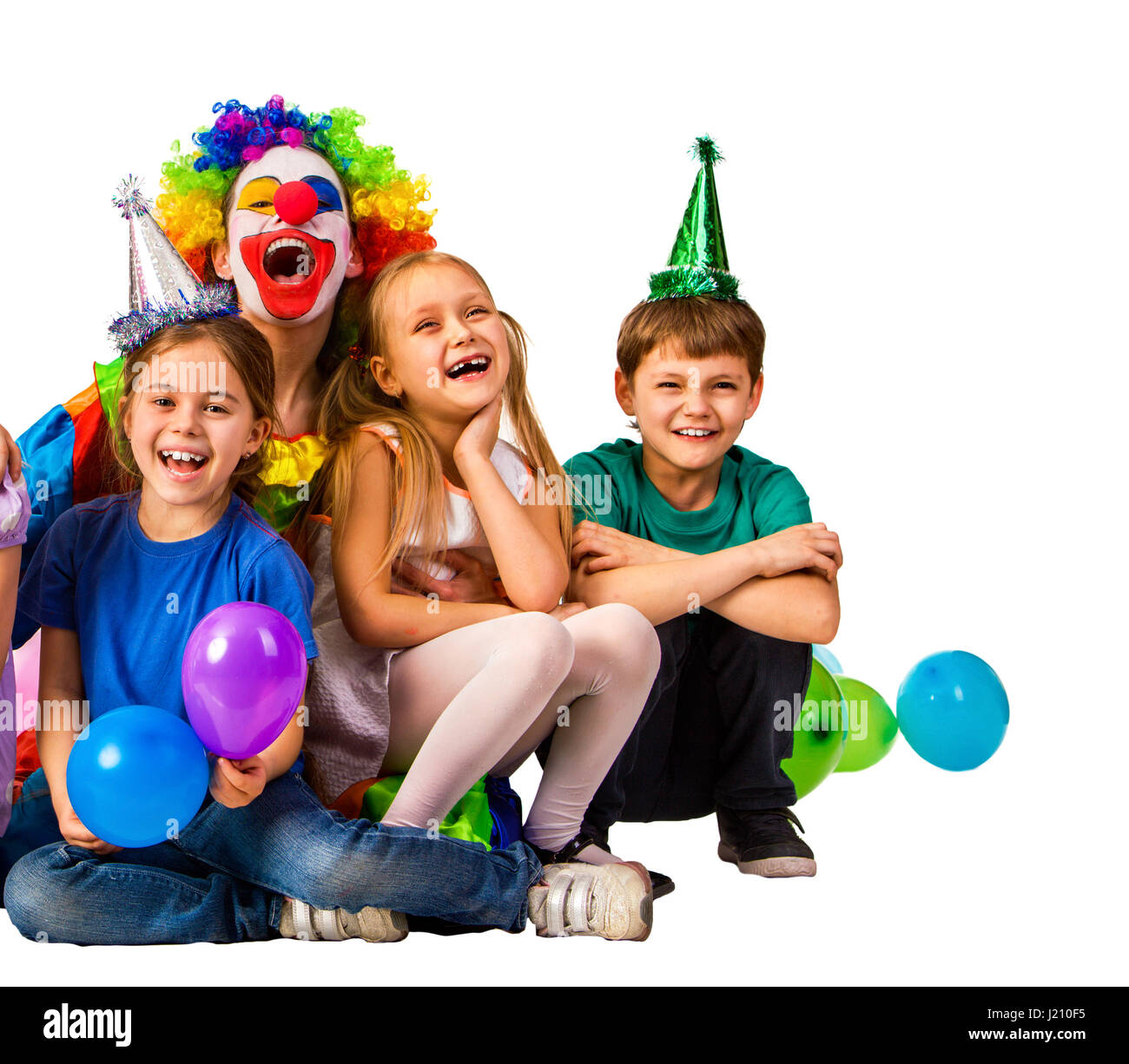 Birthday child clown playing with children. Kid holiday balloons ...