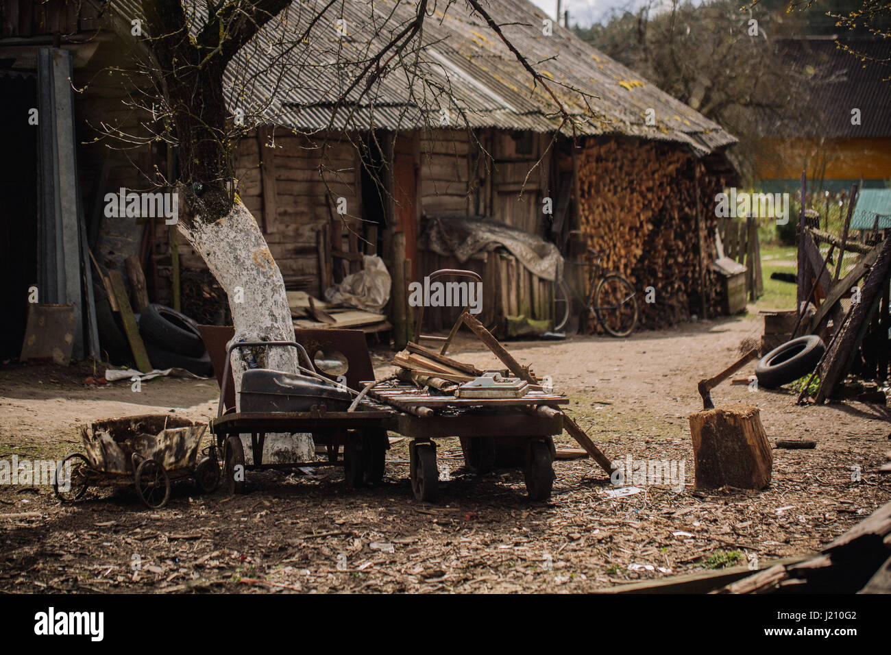 Household in the village of russia. Handmade household tools in the ...