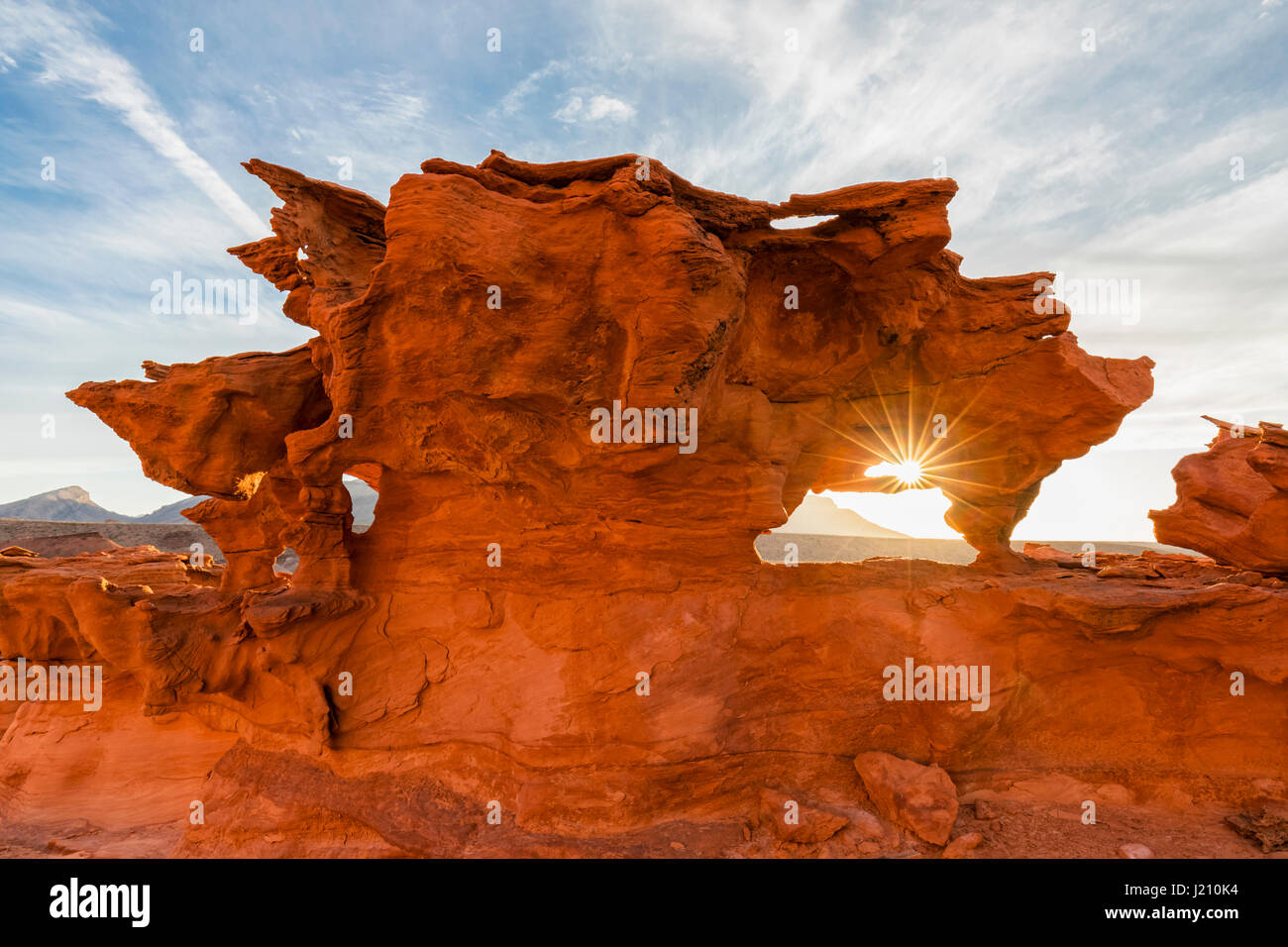 USA, Nevada, Little Finland, sandstone rock formation at backlight ...