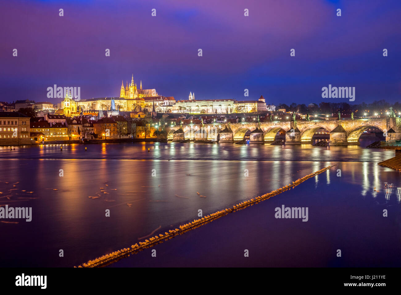 Czechia, Prague, Charles bridge and Prague Castle at the blue hour ...