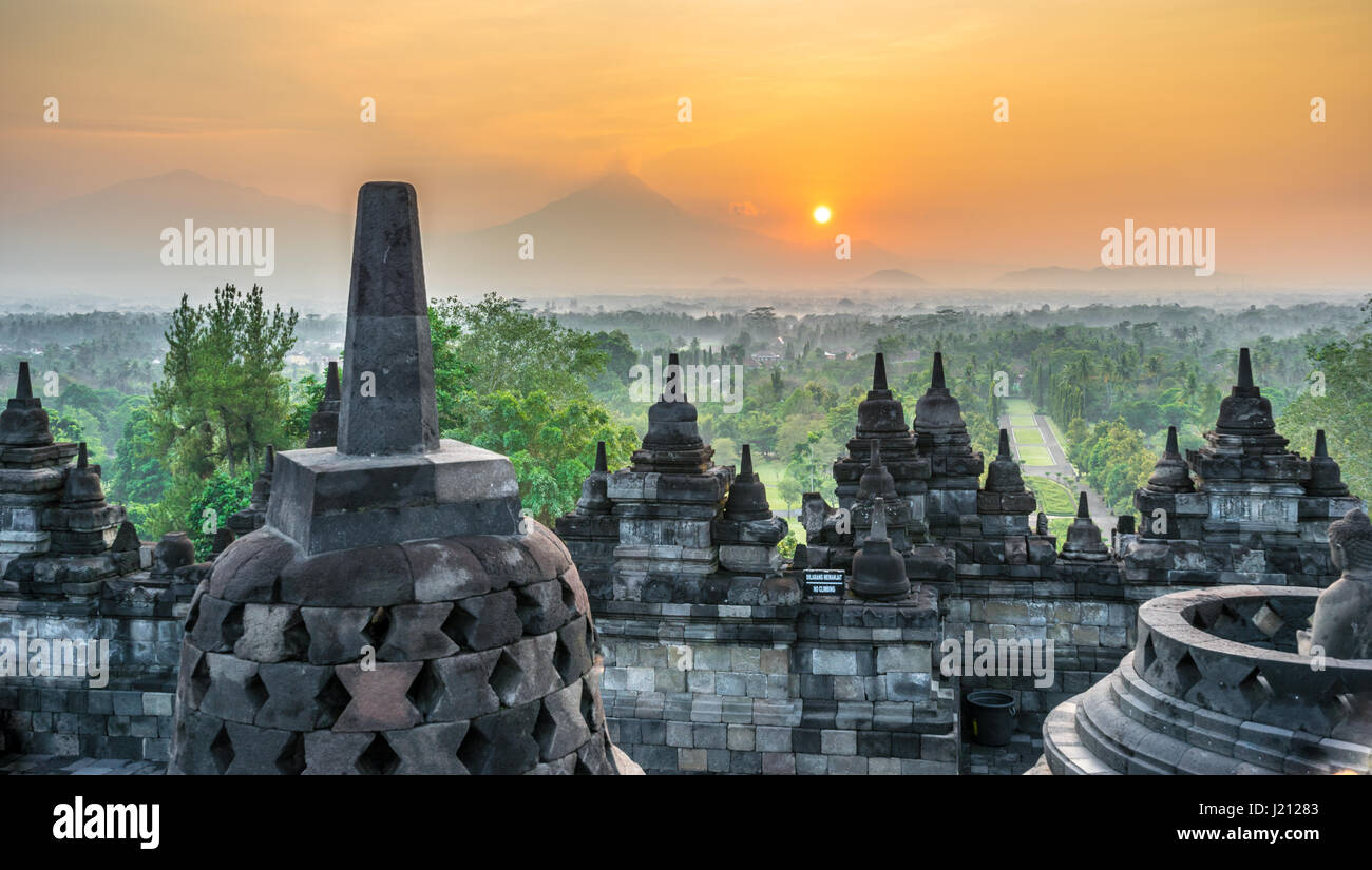 Sunrise panorama of Mount Merapi, Borobudur valley covered with mist ...