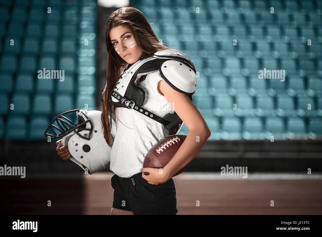 Rugby girl player stay with ball on stadion. Sport. Life Stock Photo ...