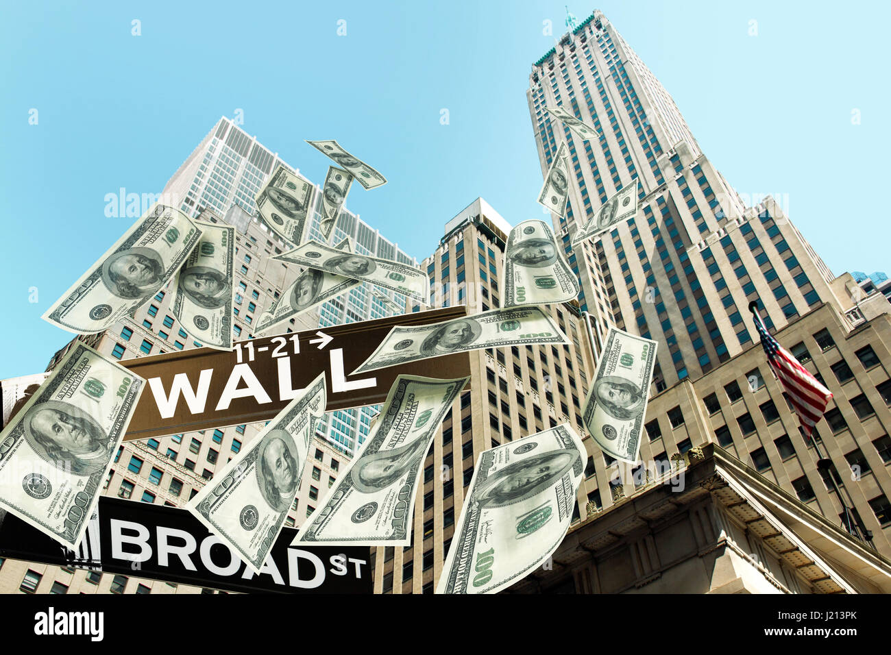 Hundred dollar money bills falling down the buildings of the Wall ...