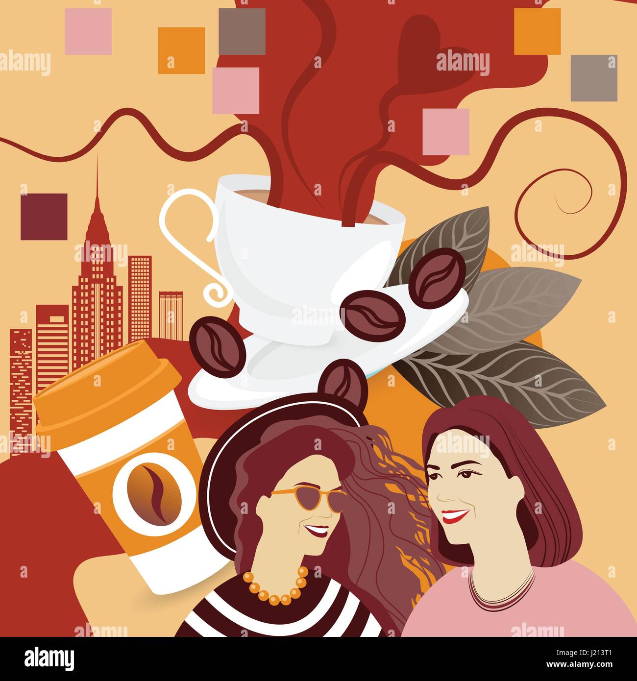 Two Girls Over Coffee Cup Background Break Breakfast Drink Stock Vector ...