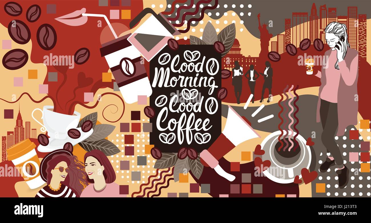 Two Girls Over Coffee Cup Background Break Breakfast Drink Stock Vector ...