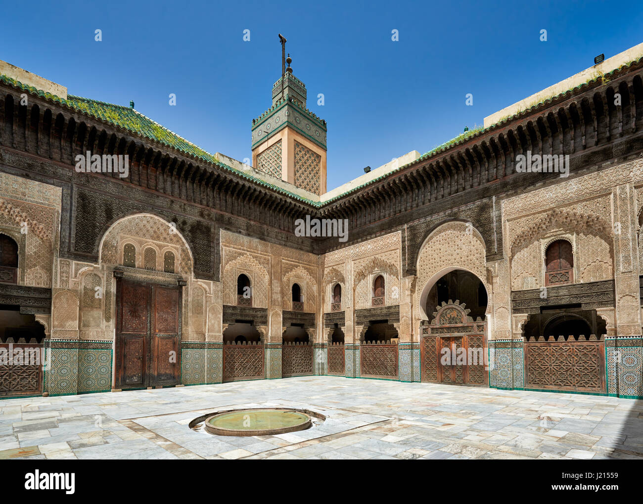 inner courtyard with islamic architecture of Bou Inania Madrasa, Ornate ...