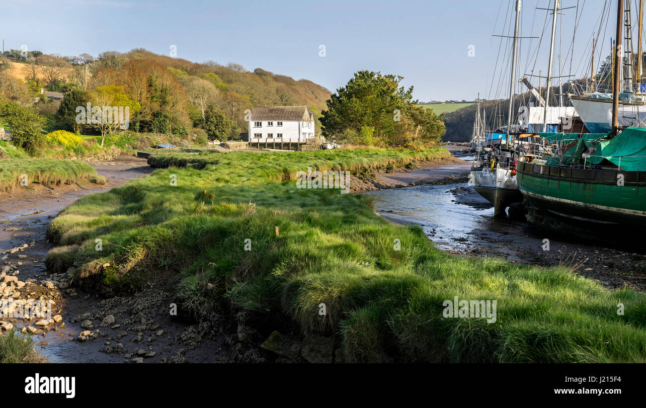Gweek village Panorama Panoramic Helford River Historic old port Boats ...
