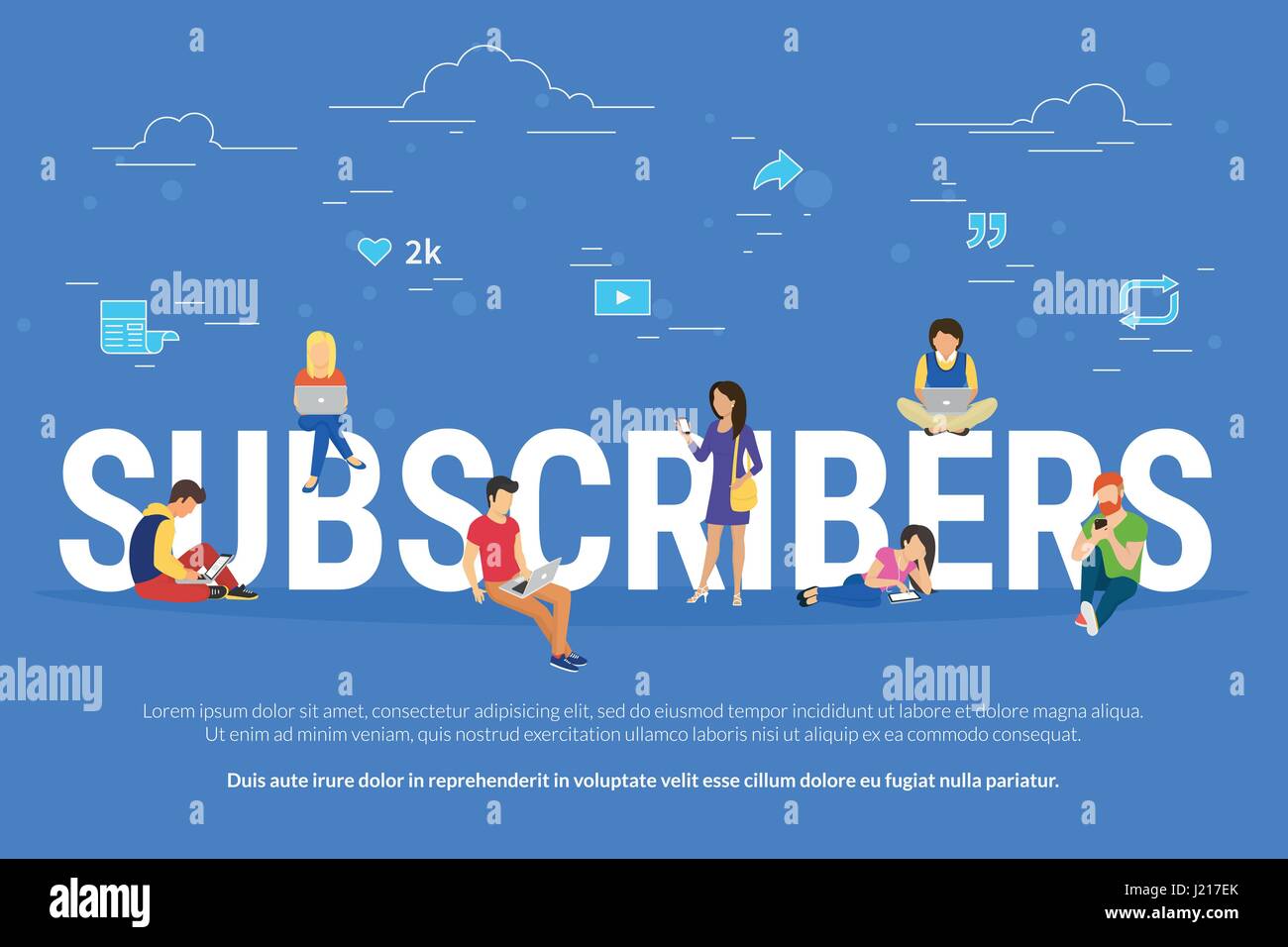 Subscribers concept illustration of young man and woman following ...