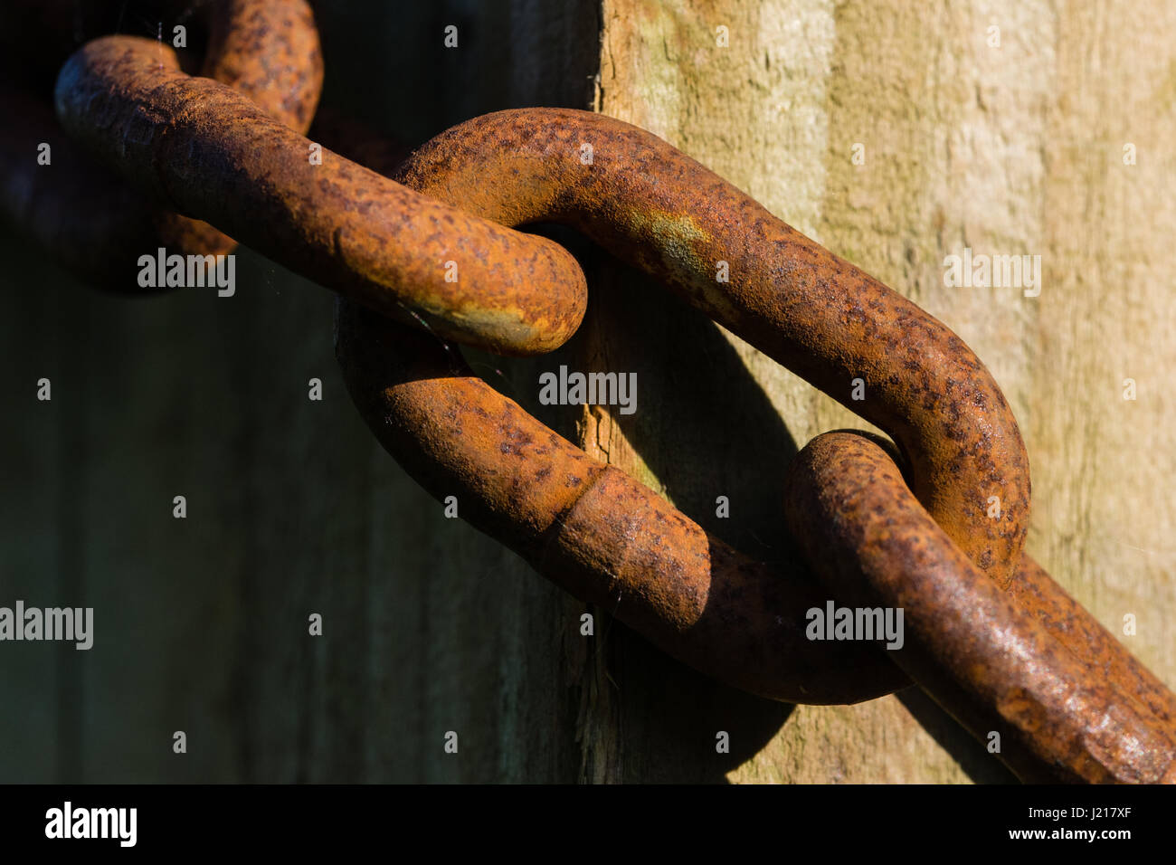 Rusty chain link around wooden post Stock Photo - Alamy