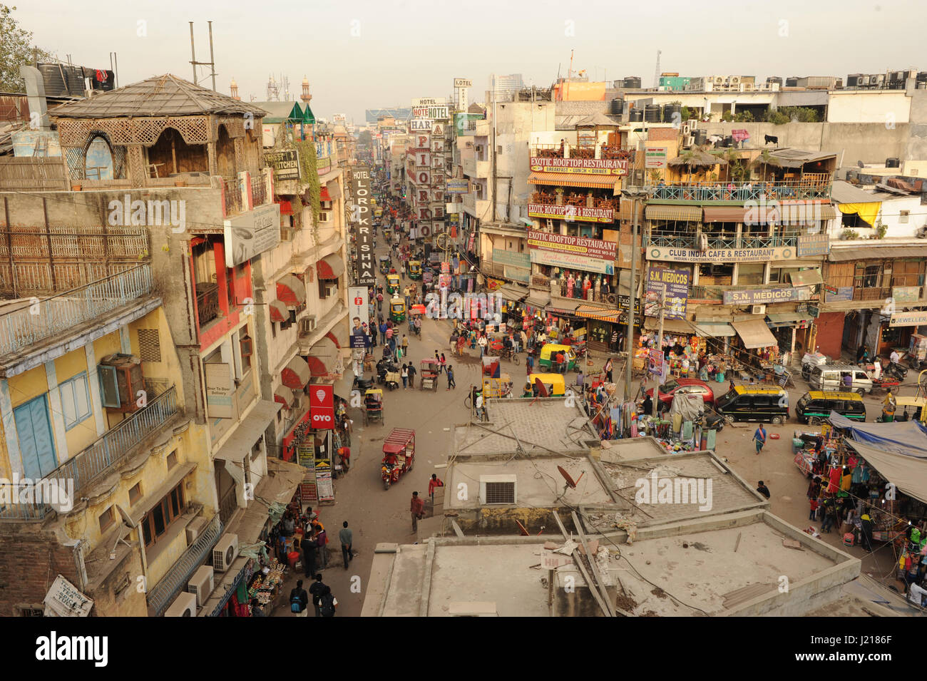 View showing a street scene down on Main Bazar Road in Paharganj, New ...