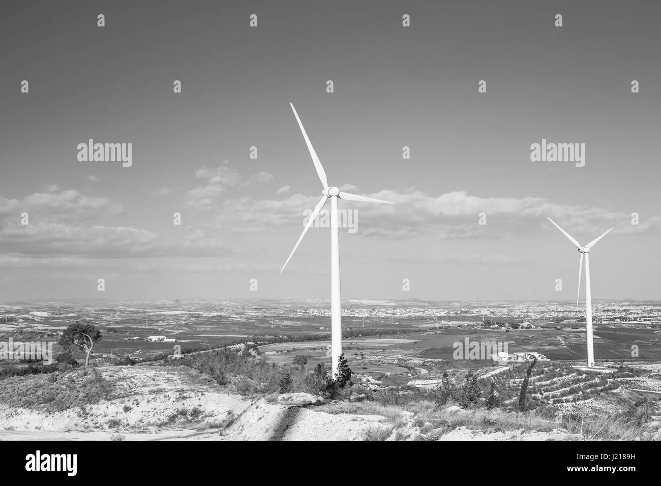 Wind turbines generating electricity - energy conservation concept ...