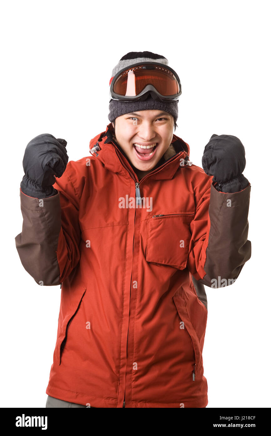 An isolated shot of a happy asian snowboarder Stock Photo - Alamy