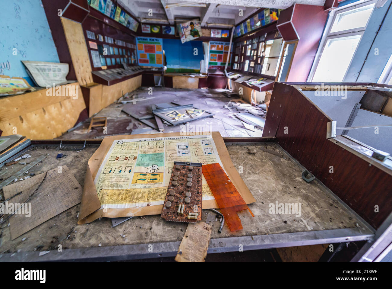 Drawing schematic in command centre building of Soviet Duga radar ...