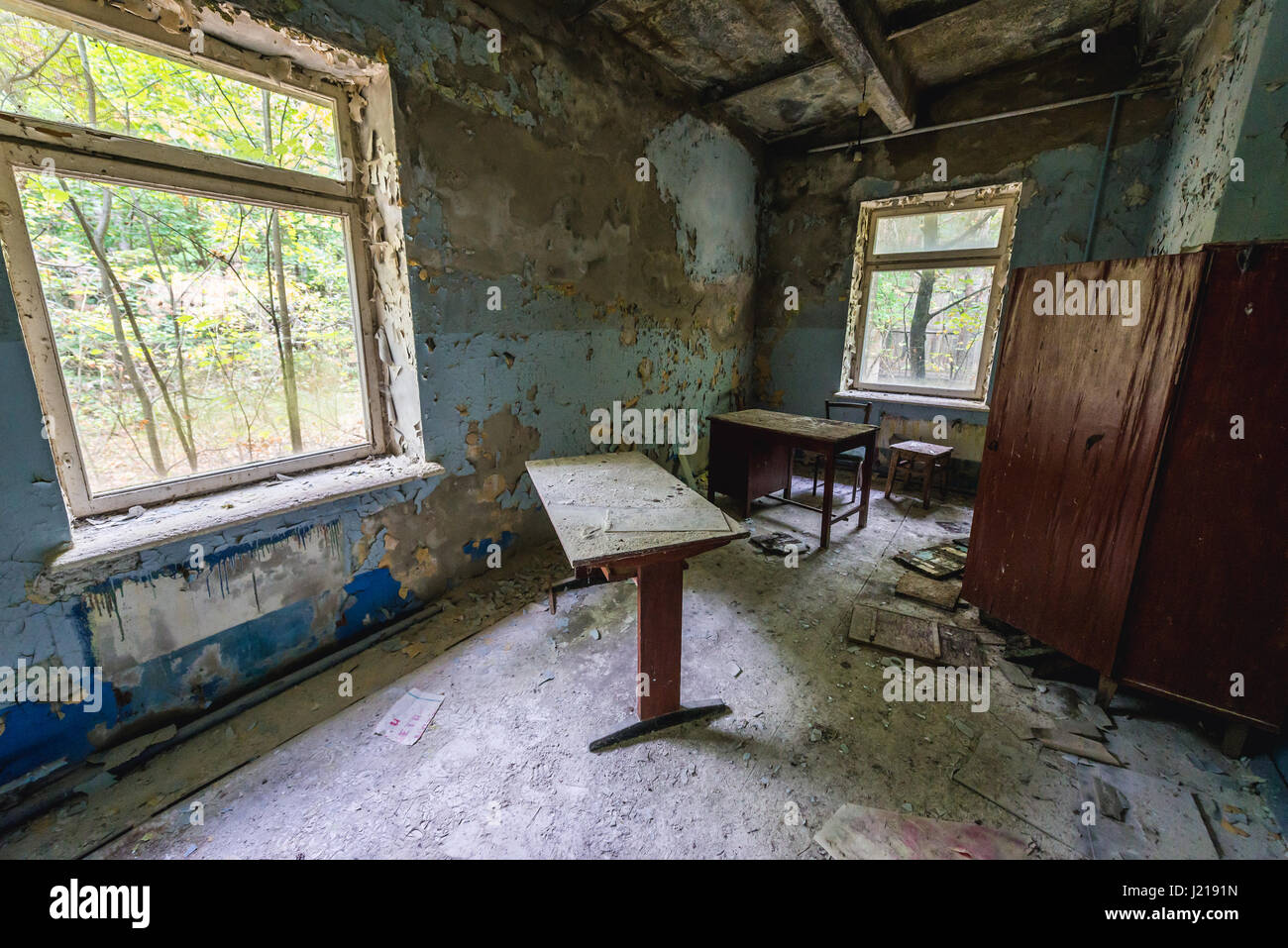 Interior of fire station building in Chernobyl-2 military base ...