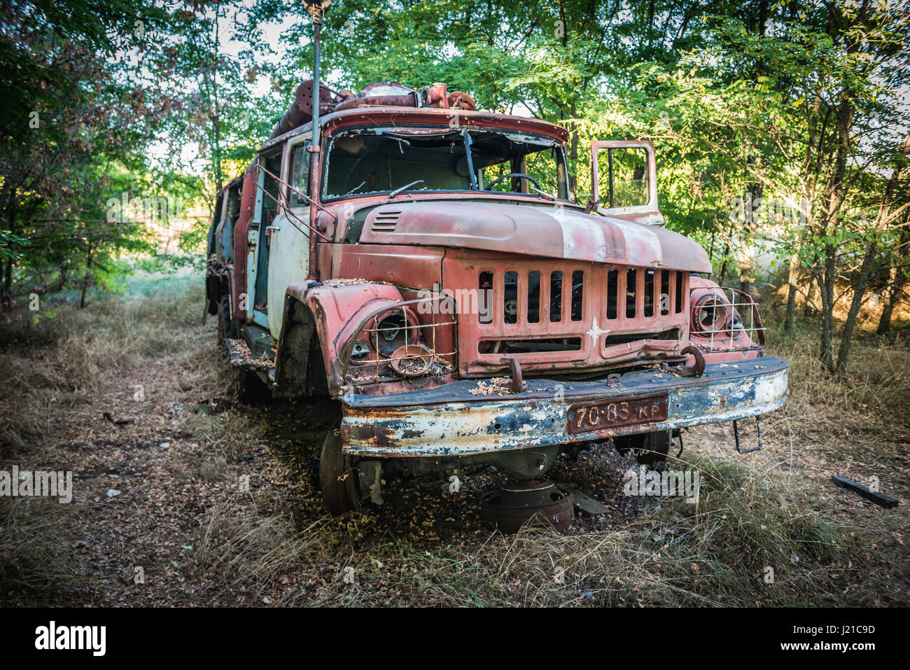 Old rusty fire engine in Chernobyl Nuclear Power Plant Zone of ...
