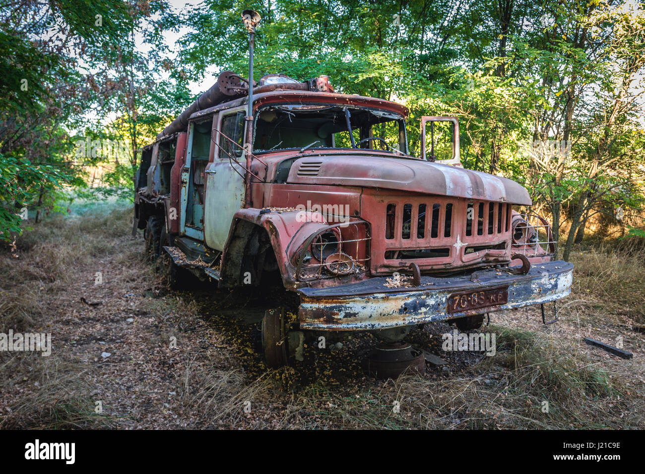 Old rusty fire engine in Chernobyl Nuclear Power Plant Zone of ...