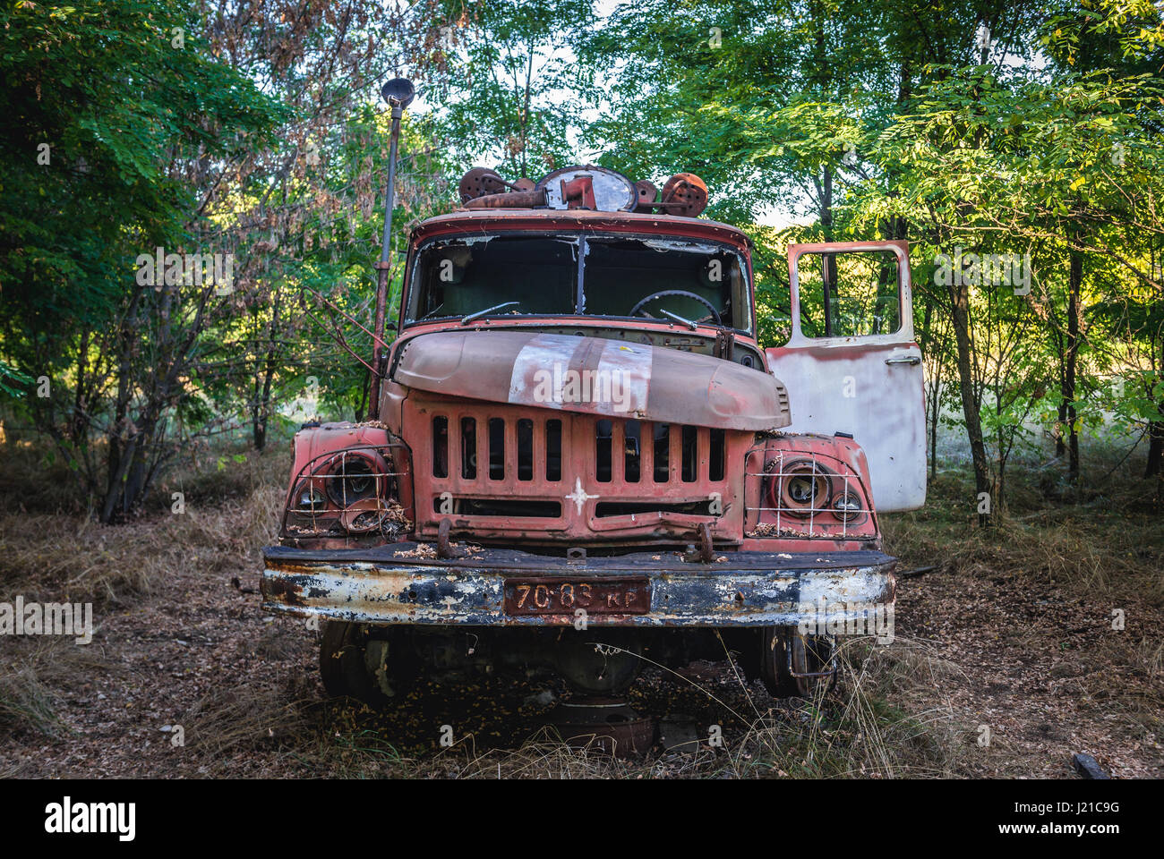 Old rusty fire engine in Chernobyl Nuclear Power Plant Zone of ...