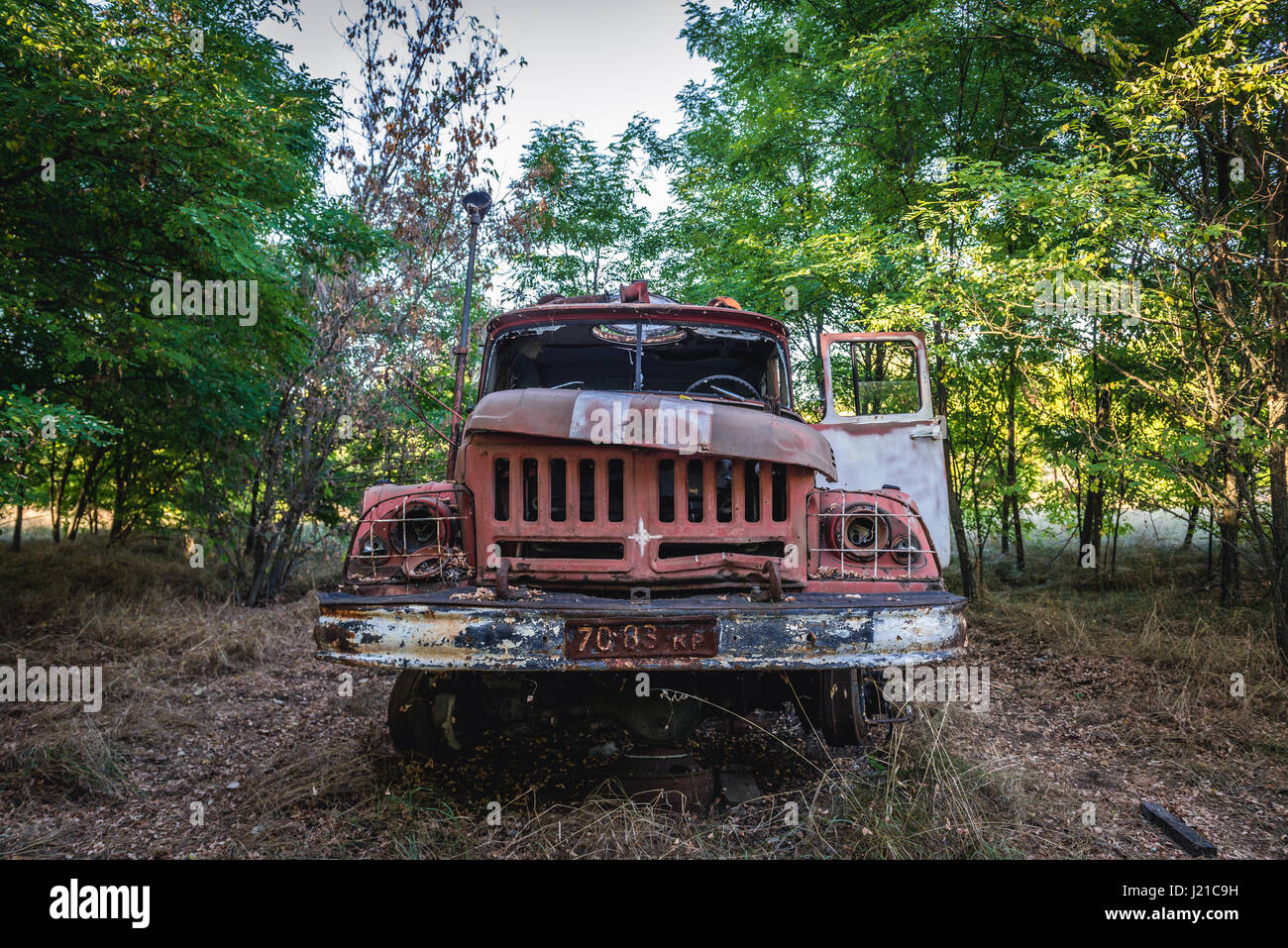 Old rusty fire engine in Chernobyl Nuclear Power Plant Zone of ...
