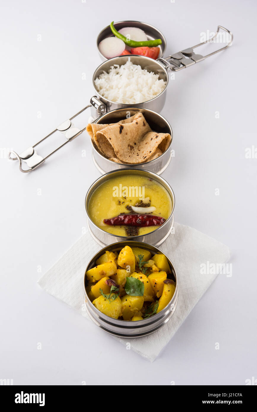 indian typical stainless steel lunch box or tiffin with north indian or ...