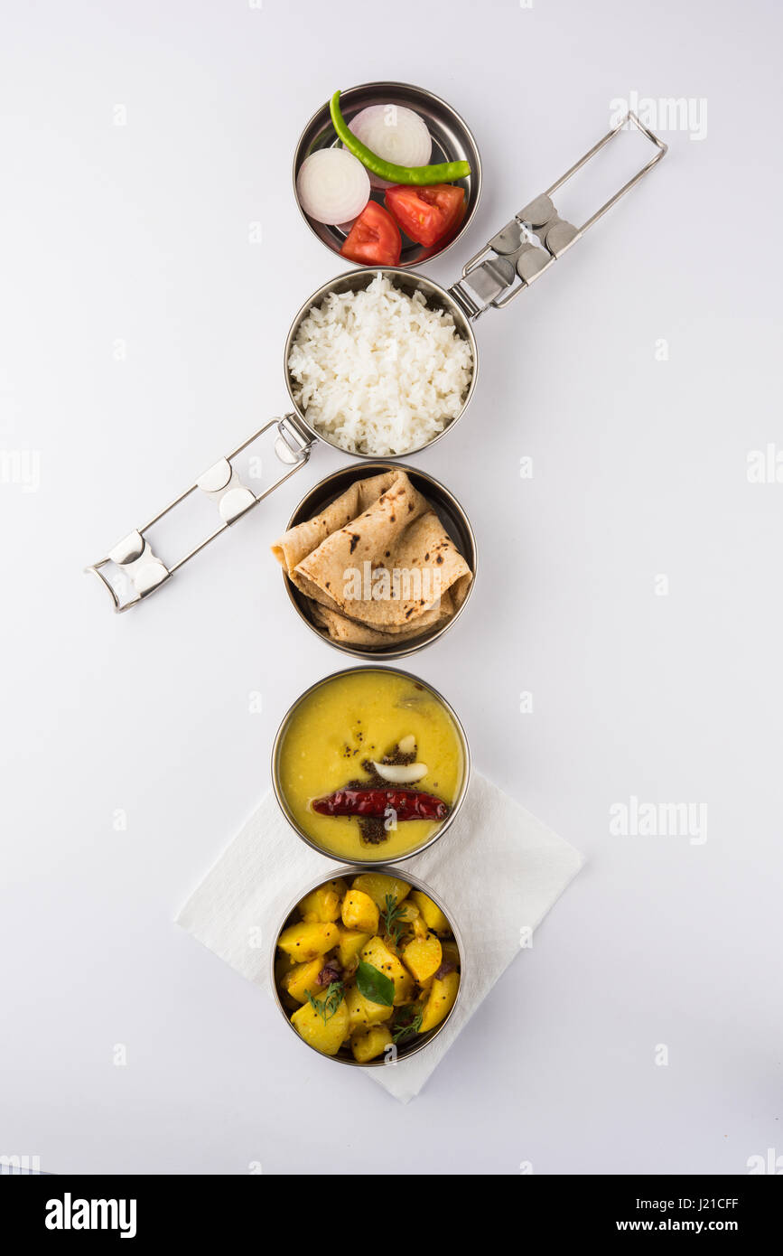indian typical stainless steel lunch box or tiffin with north indian or ...