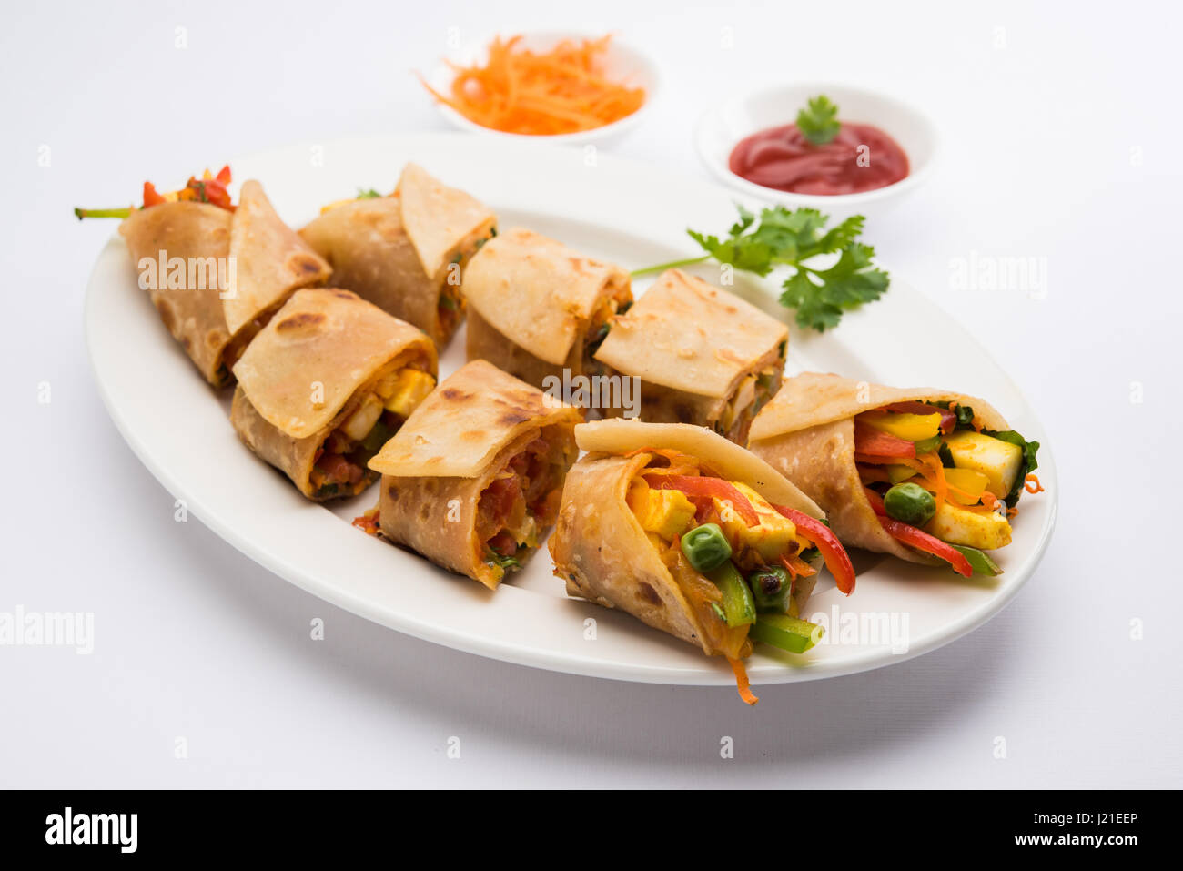 Indian popular snack food called Vegetable spring rolls or veg roll or ...