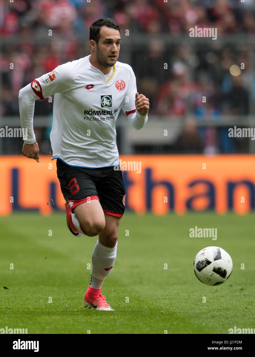 Munich, Germany. 22nd Apr, 2017. Mainz' Levin Mete Oeztunali in action ...