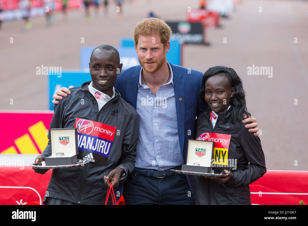 London, Britain. 23rd Apr, 2017. Mens Elite Winner Daniel Wanjiru (L ...