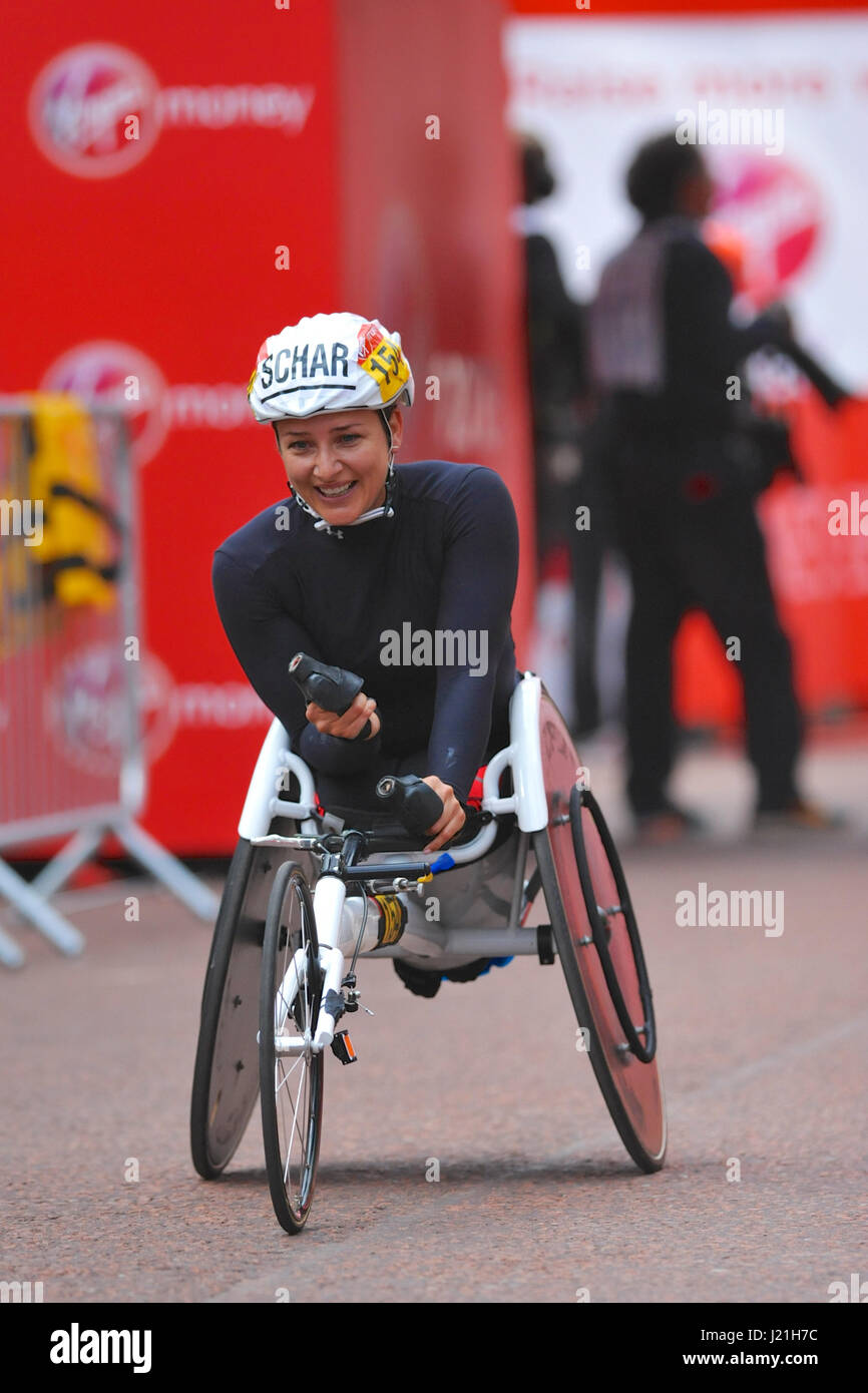 London, UK. 23rd April, 2017. Manuela Schar (SUI) crossing the finish ...