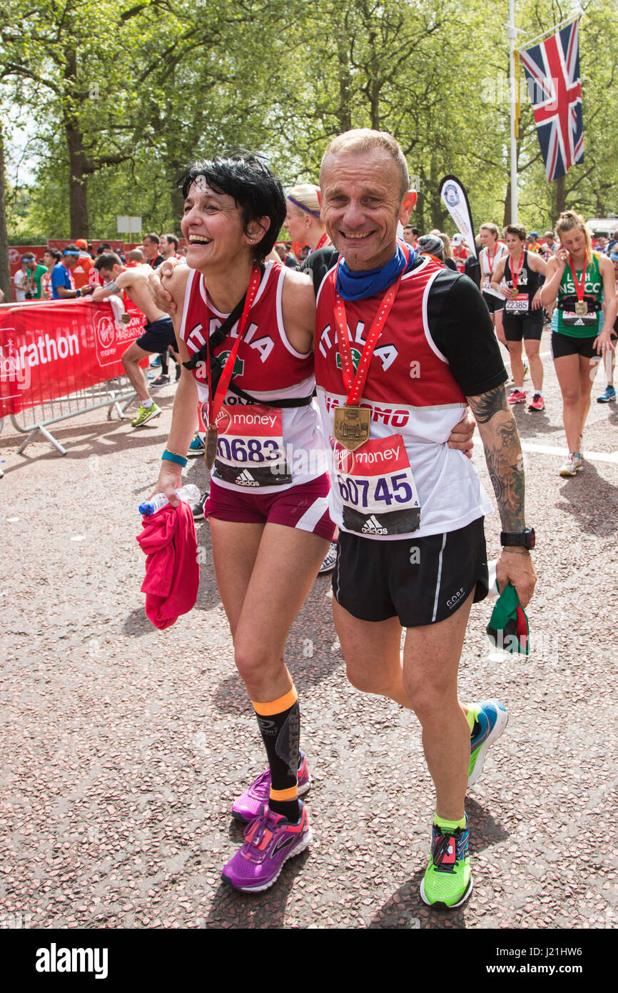 London, UK. 23rd Apr, 2017. Runners finish the 37th London Marathon on ...
