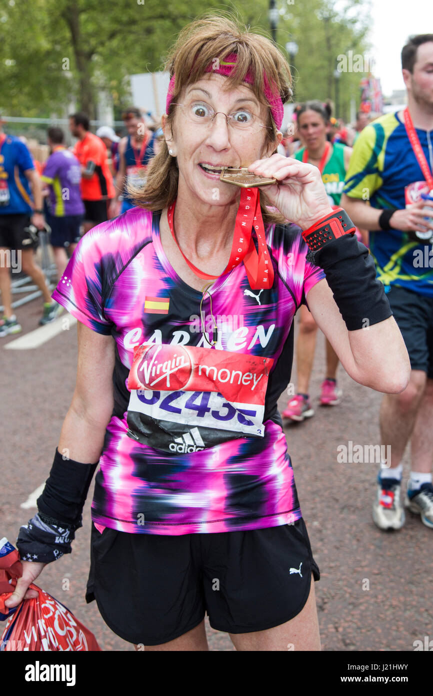 London, UK. 23rd Apr, 2017. Runners finish the 37th London Marathon on ...