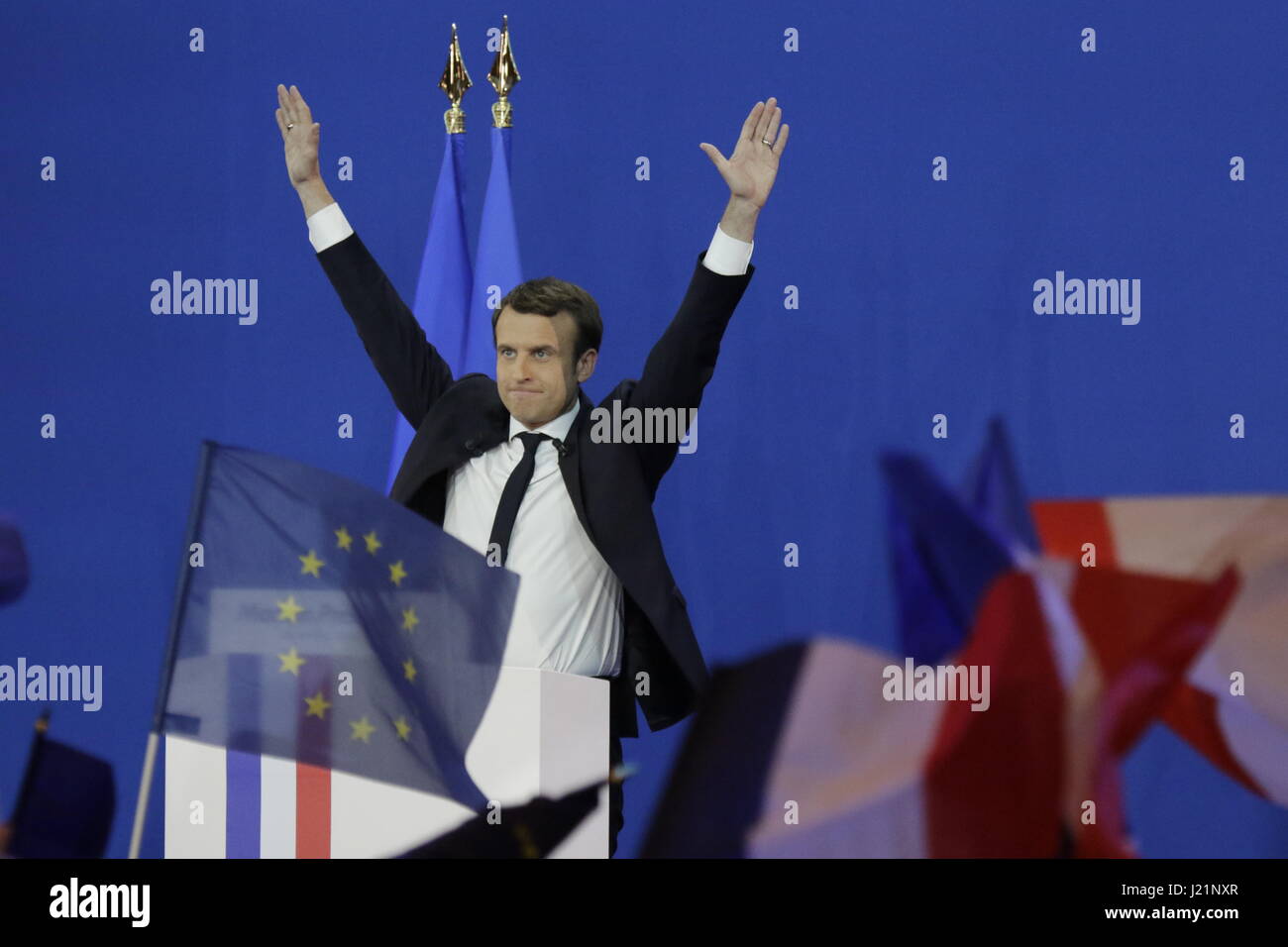 Emmanuel Macron waves at his supporters after his speech. Emmanuel ...