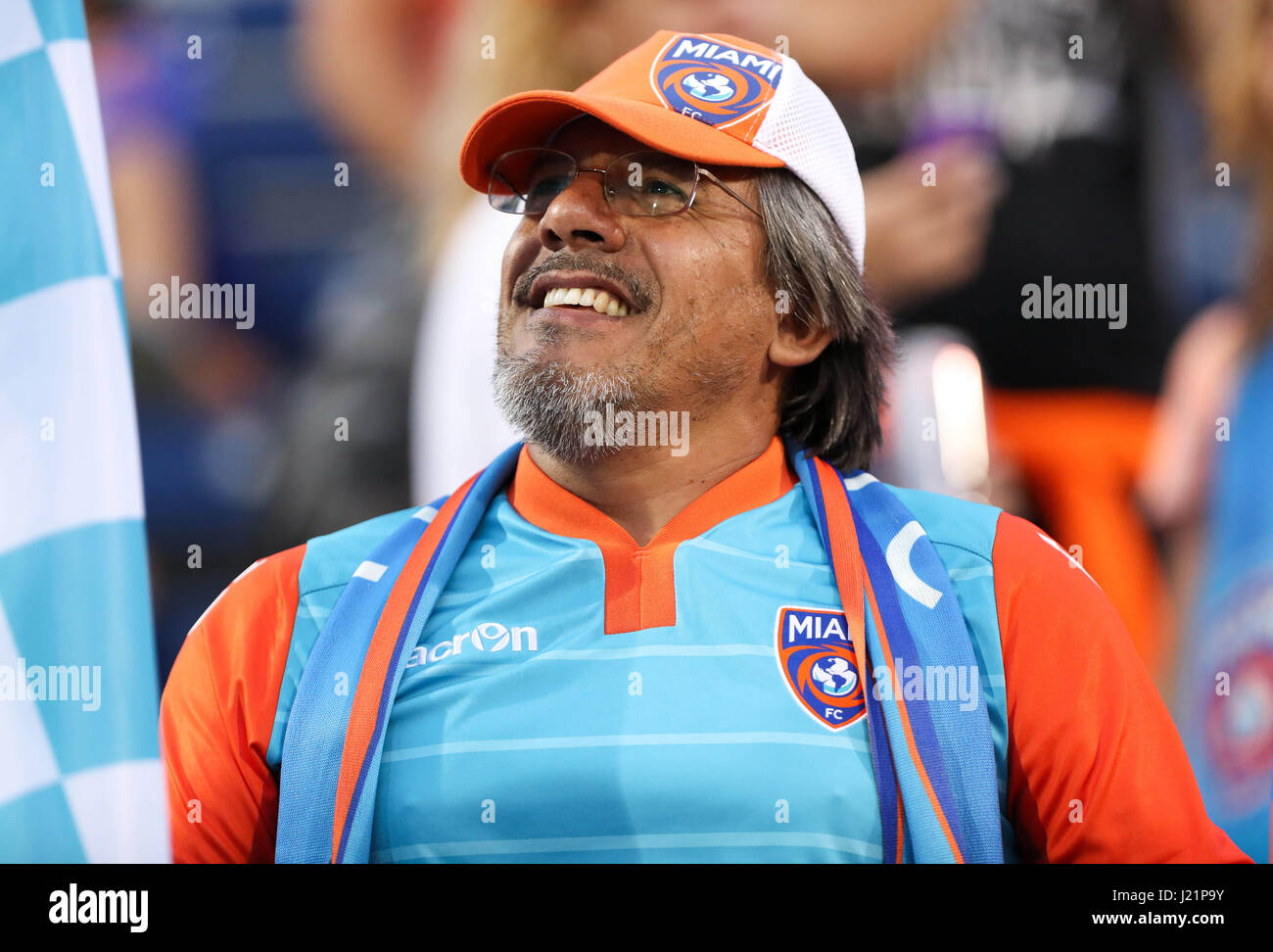 Miami, Florida, USA. 22nd Apr, 2017. Miami FC fan shows his enthusiasm ...