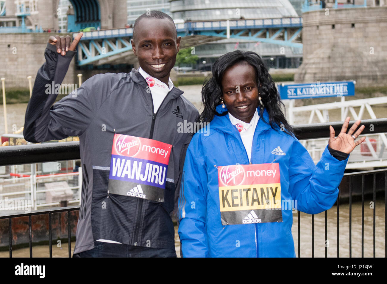 London, UK. 24th April, 2017. Mary Keitany KEN, Daniel Wanjiru KEN pose ...