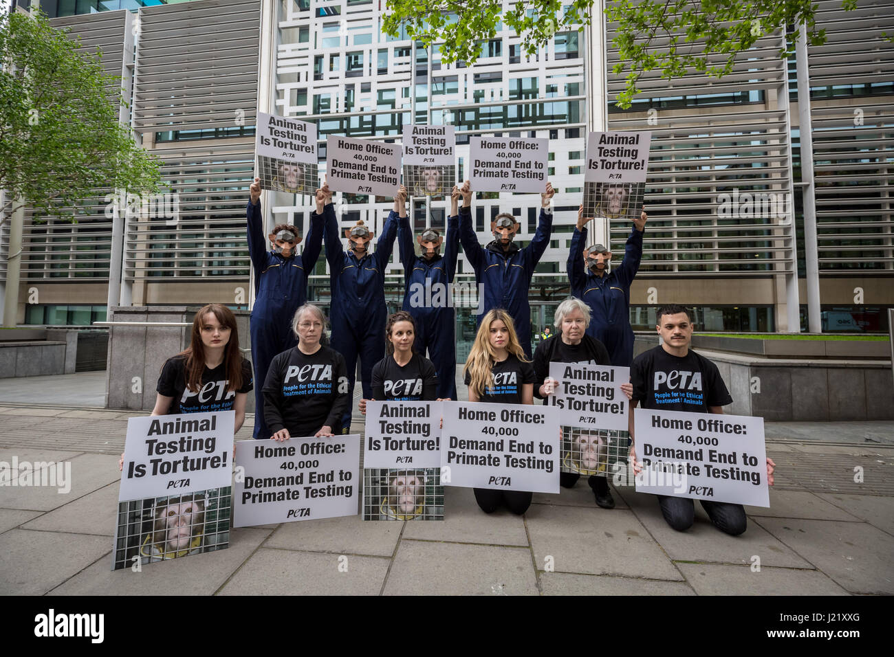 London, UK. 24th Apr, 2017. PETA monkey protest outside Home Office ...