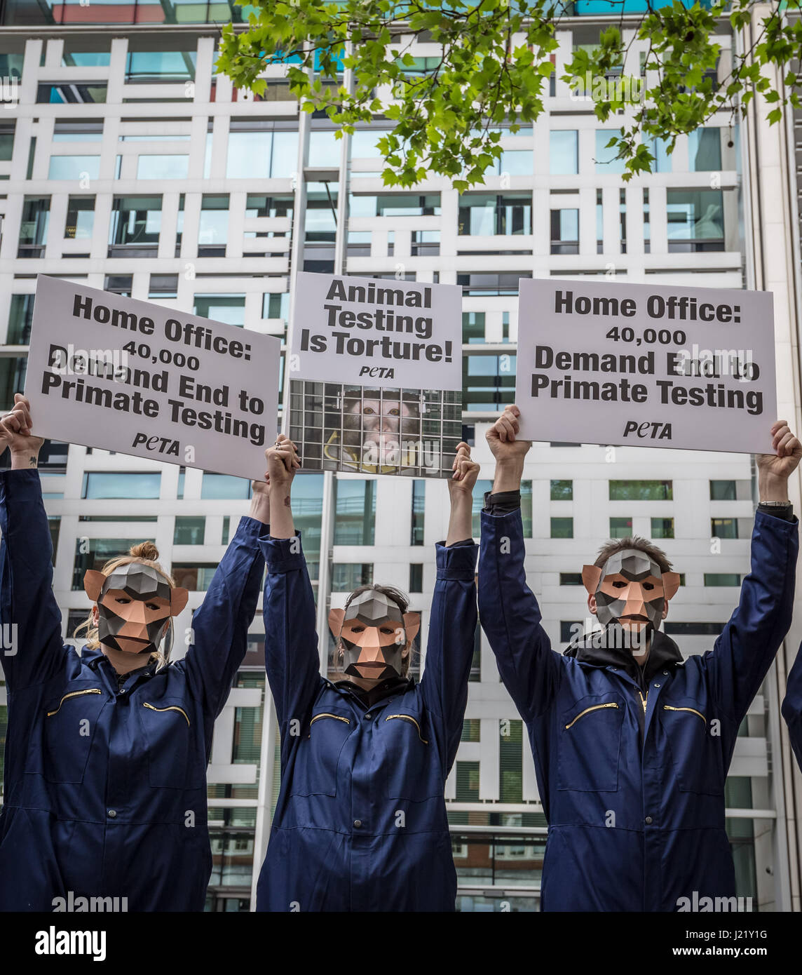 London, UK. 24th Apr, 2017. PETA monkey protest outside Home Office ...