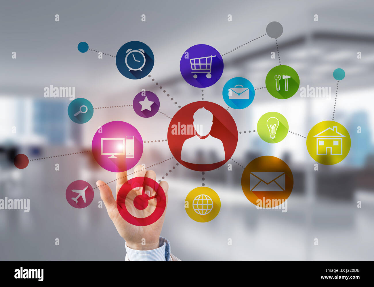 Modern office interior and close of businesswoman hand choosing icon on ...