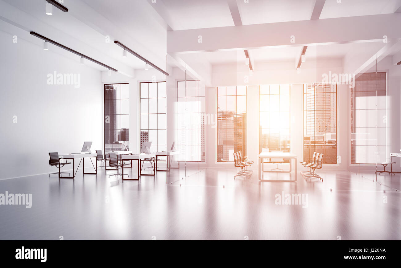 Office interior design in whire color and rays of light from window ...
