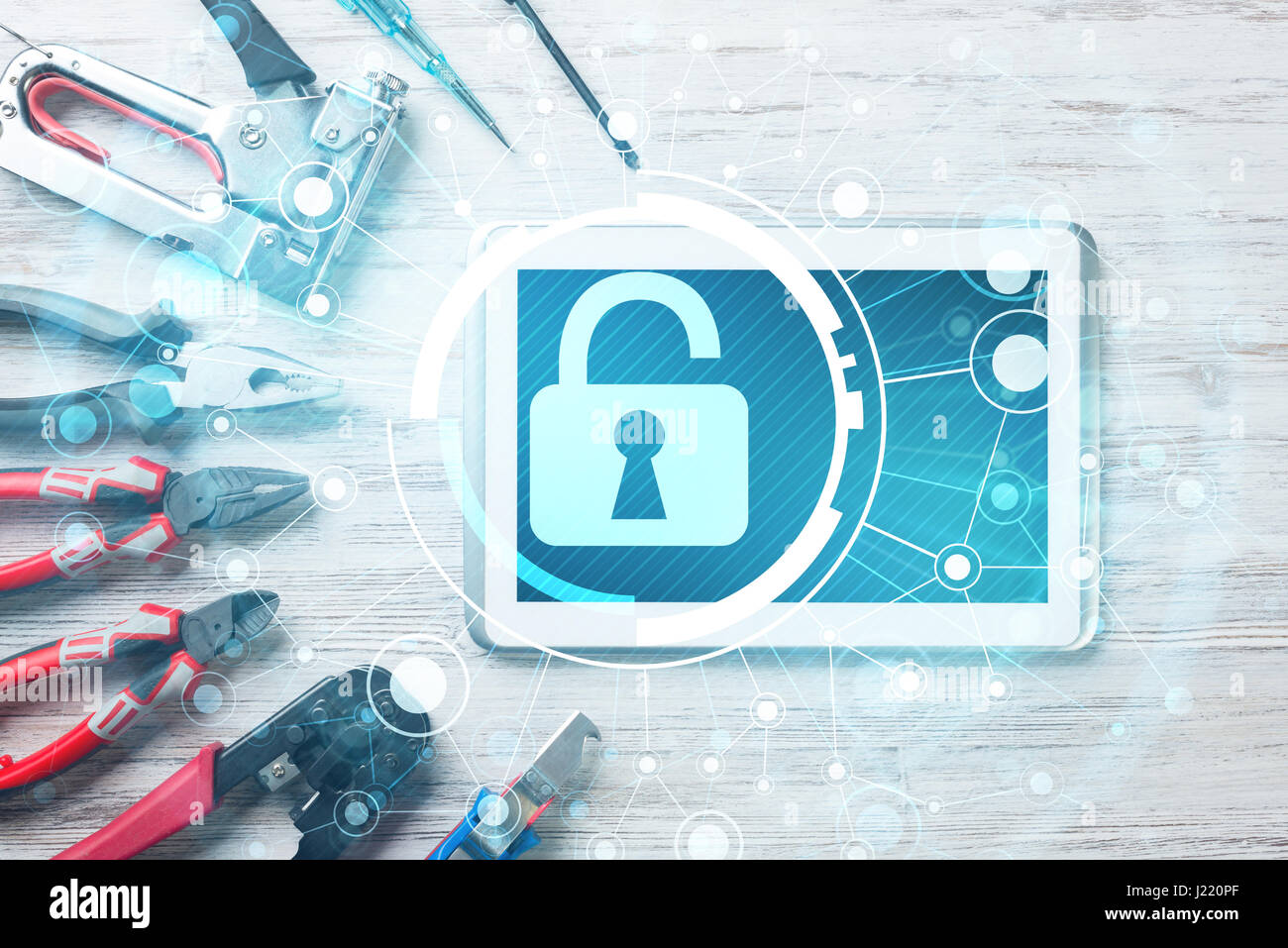 Variety of industrial tools and tablet pc as privacy safety concept ...