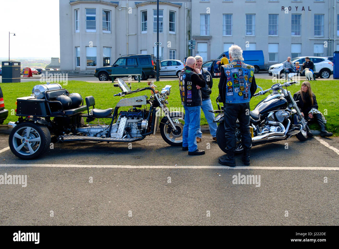 Elderly Bikers on West Cliff at Whitby Goth Week-end one with a high ...