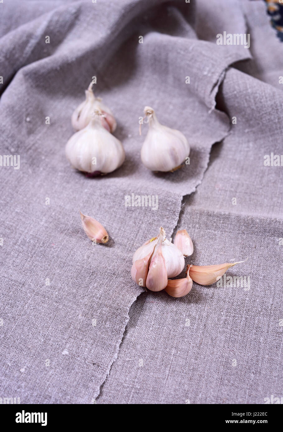 White garlic in husk on gray fabric, top view Stock Photo - Alamy